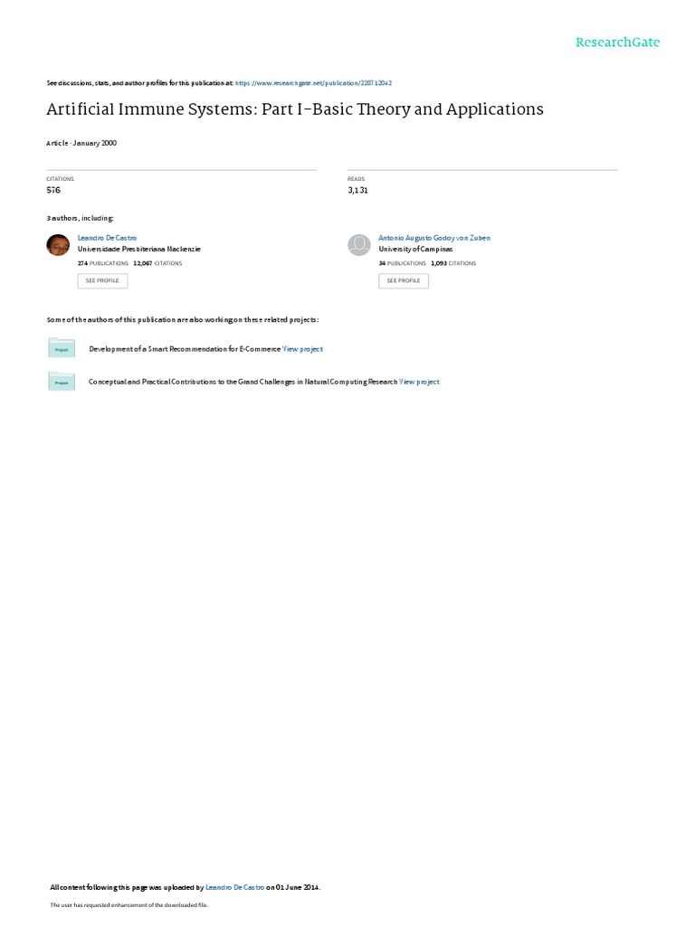 Artificial Immune Systems Part I-Basic Theory and | PDF | Adaptive Immune System | Immune System