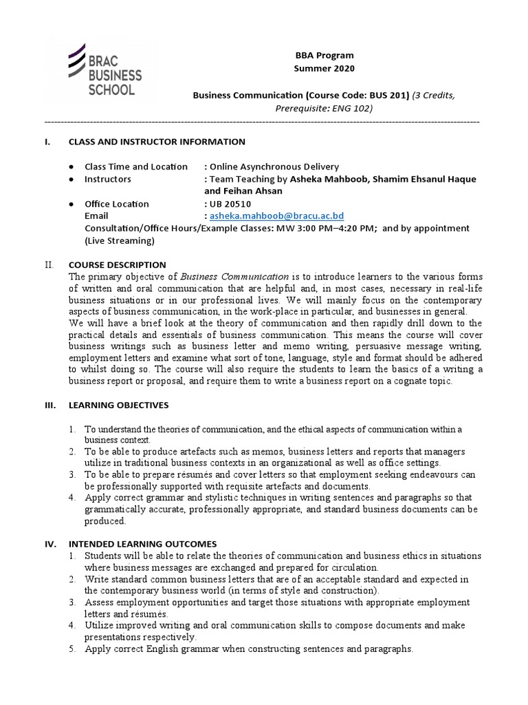 BUS 201 Course Outline (Summer 2020) A | PDF | Educational Assessment ...