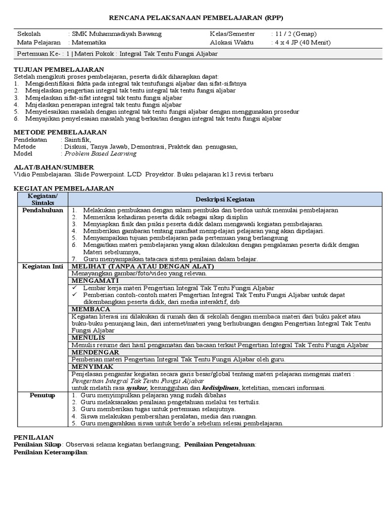 RPP Integral Tak Tentu | PDF