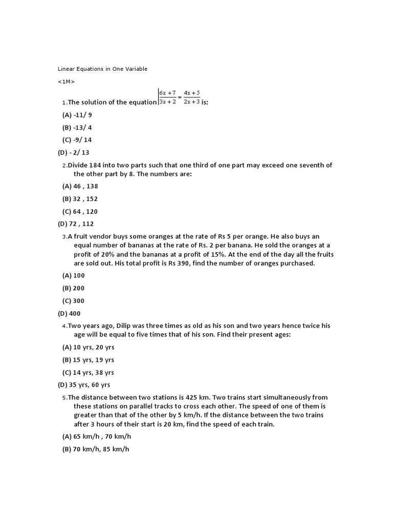 CBSE Class 8 Linear Equations in One Variable Worksheet | PDF ...