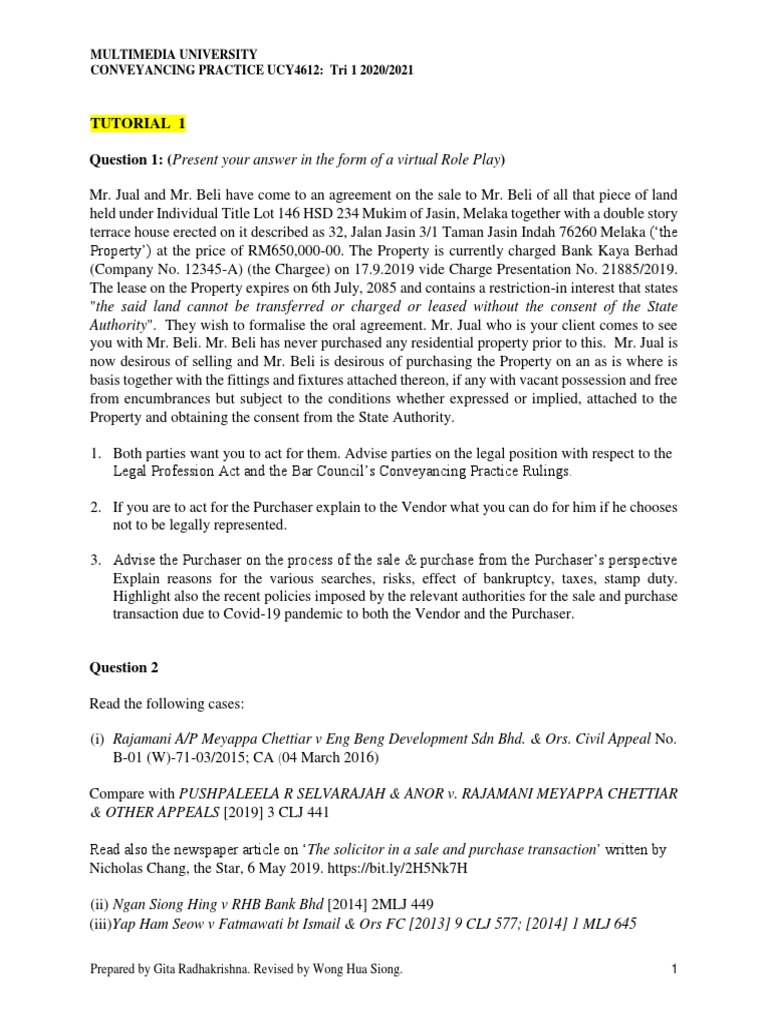 Tutorial 1 PDF | PDF | Conveyancing | Solicitor