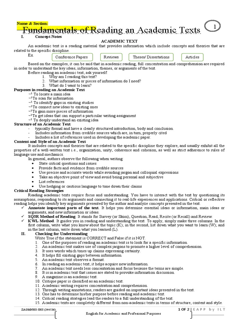 EAPP 01 - Fundamentals of Reading Academic Texts | PDF | Calorie | Reading Comprehension