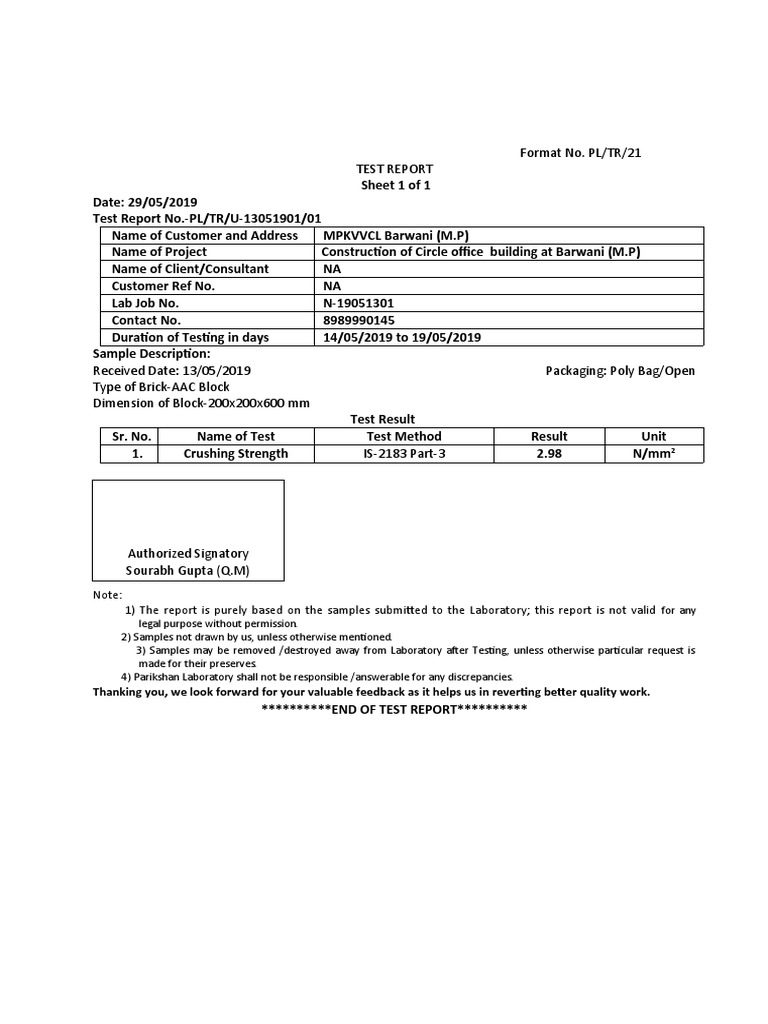 Format No. PL/TR/21 Test Report | PDF
