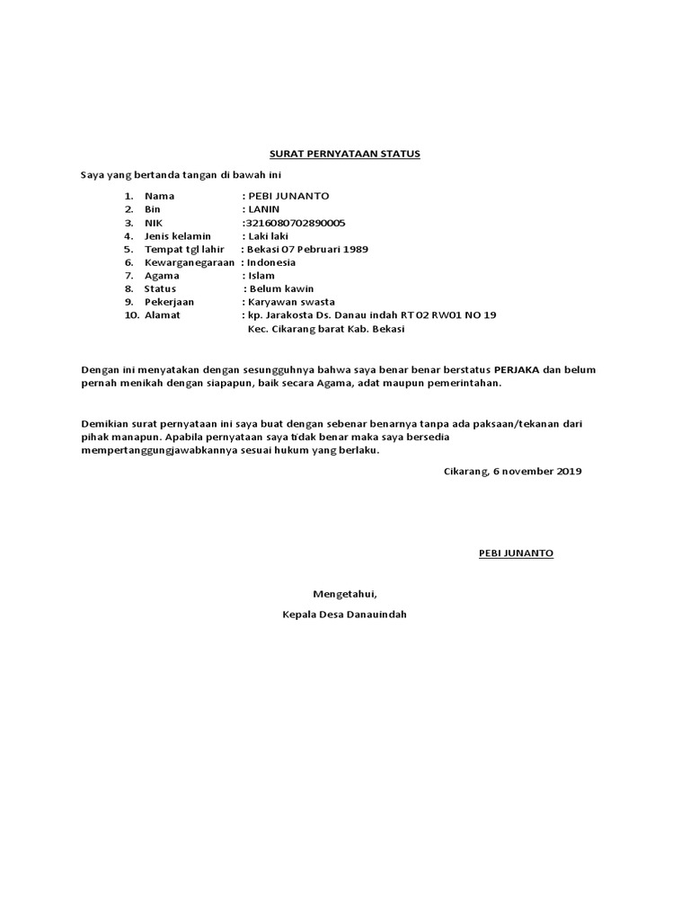 Surat Pernyataan Status Perjaka Pebi Junanto | PDF