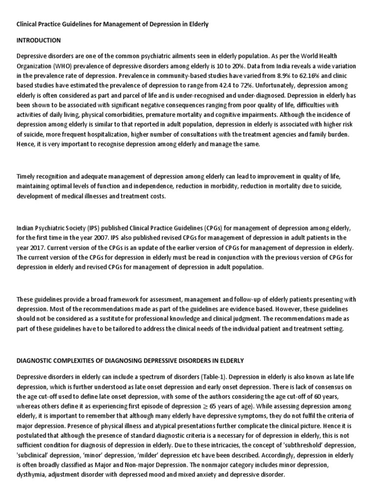 Clinical Practice Guidelines For Management of Depression in Elderly ...