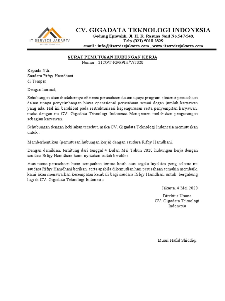 Surat PHK CV. Gigadata Teknologi | PDF | Bisnis