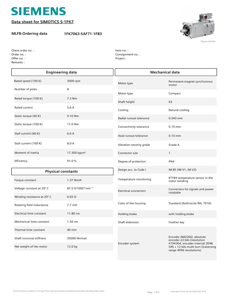 Data Sheet For SIMOTICS S-1FK7 | PDF | Electric Motor | Electrical ...