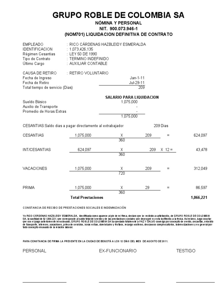 Formato Liquidación Retiro Personal | PDF | Bogotá | Salario