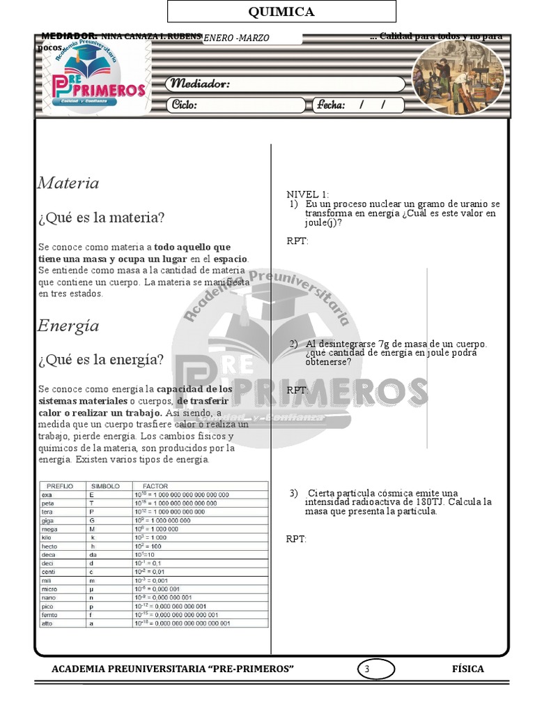 Materia y Energía en Física Preuniversitaria | PDF | Importar | La ...