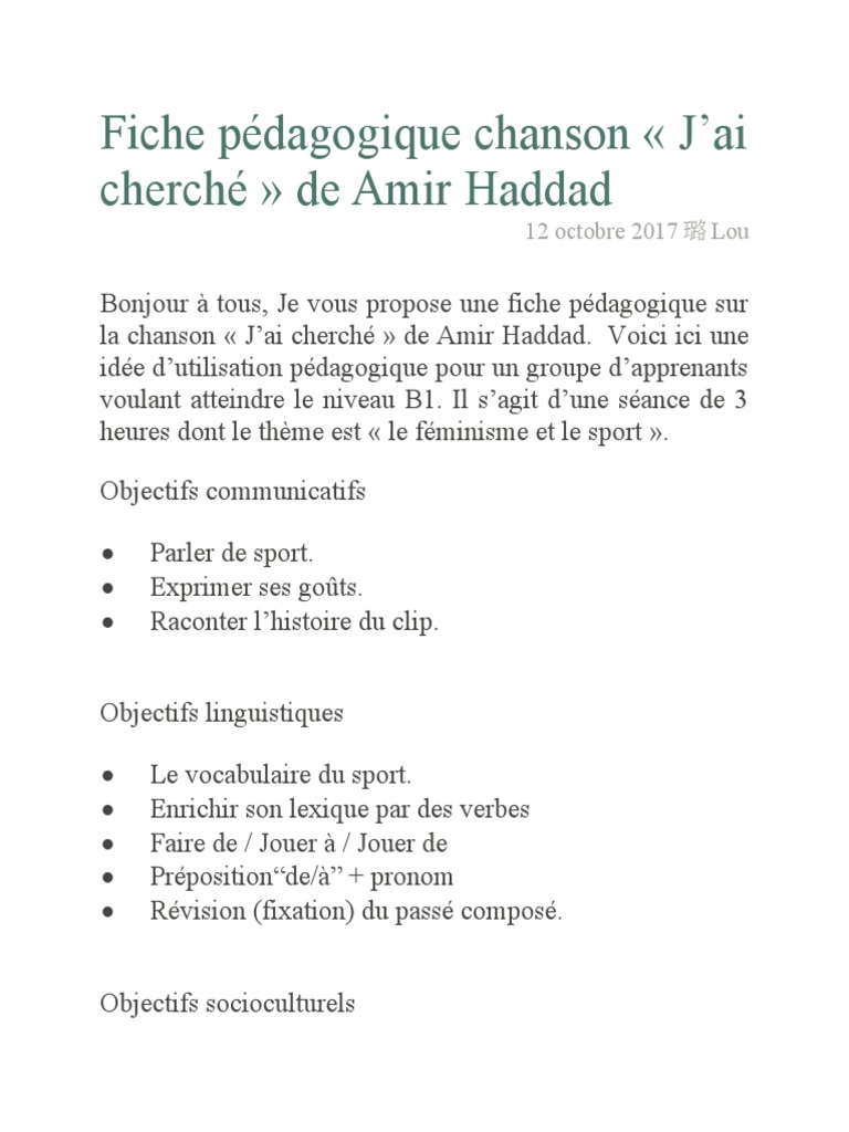 AMIR Fiche Pédagogique Chanson | PDF