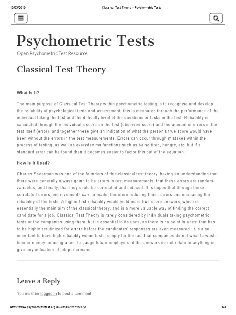 Classical Test Theory - Psychometric Tests | PDF | Psychometrics | Data ...