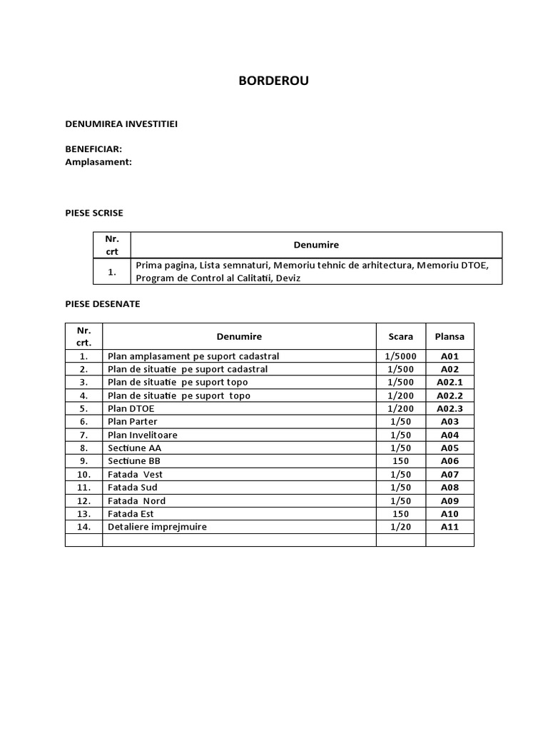 Borderou: Denumirea Investitiei Beneficiar: Amplasament | PDF