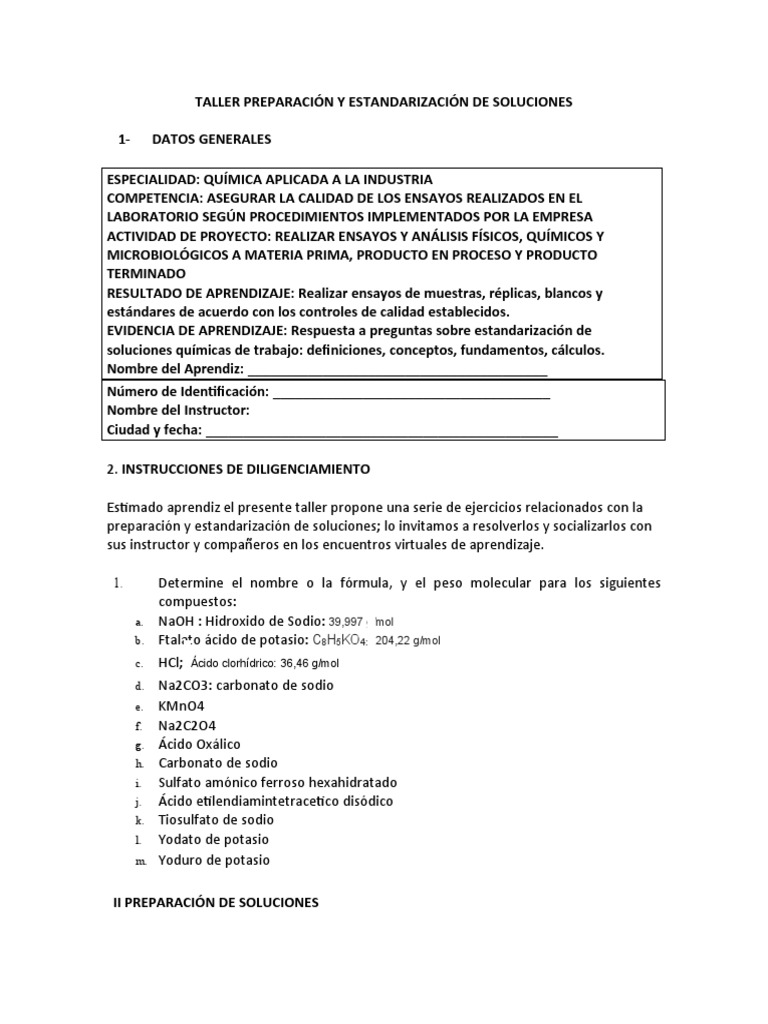 Taller de Soluciones Químicas | PDF | Concentración | Ácido clorhídrico