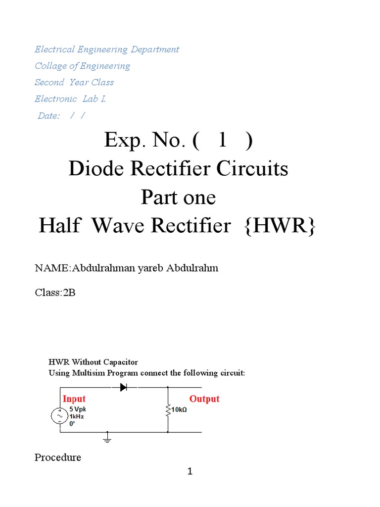 Exp. No. (1) Diode Rectifier Circuits Part One Half Wave Rectifier (HWR) | PDF | Root Mean ...