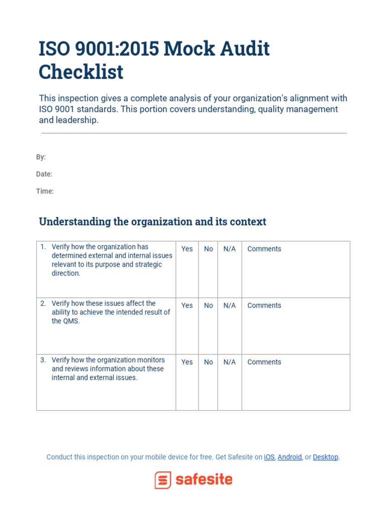 ISO 9001:2015 Mock Audit Checklist: Understanding The Organization and ...