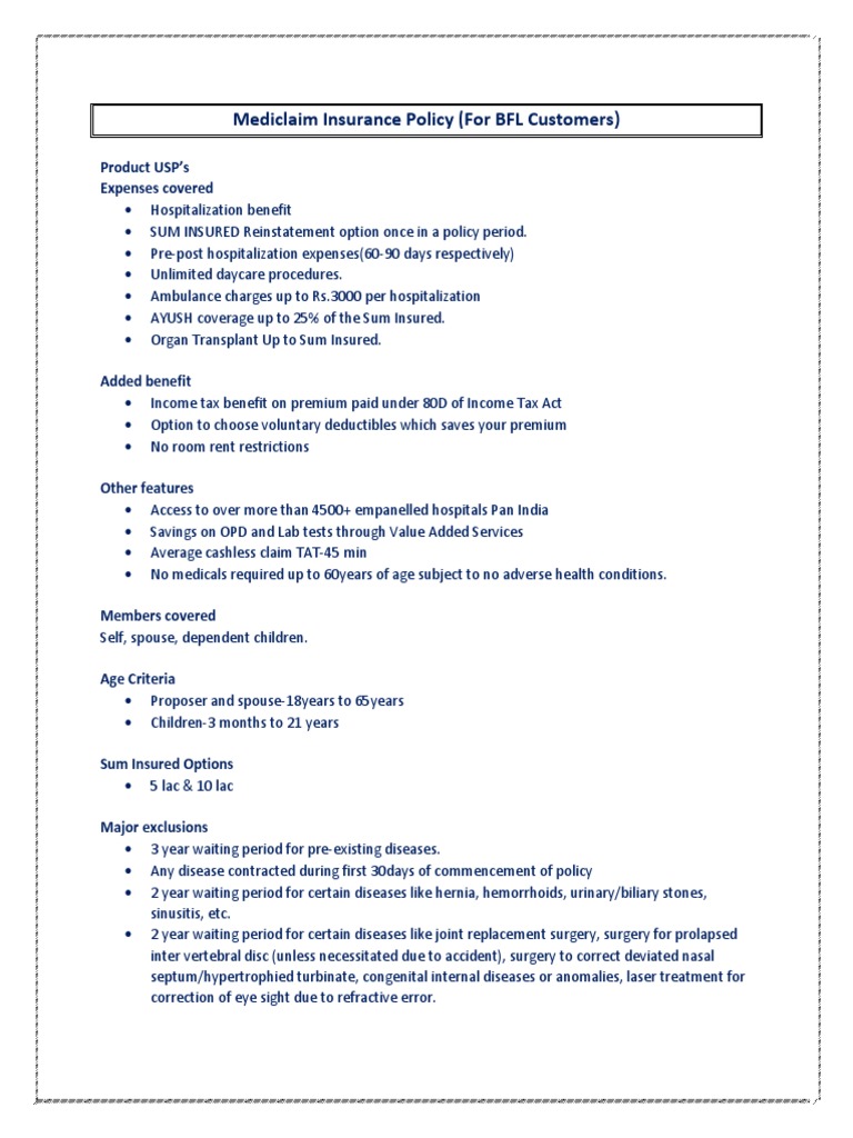 Mediclaim Insurance Policy (For BFL Customers) : Product USP's Expenses ...