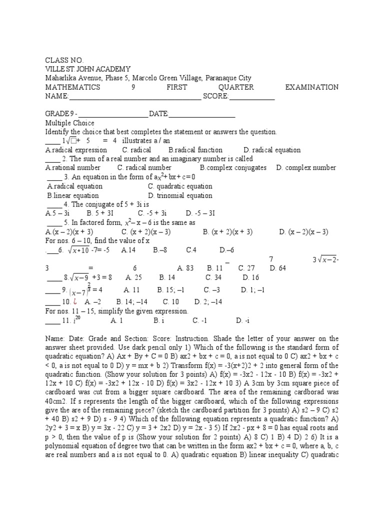 Mathematics Exam Results and Key: Grade 9, 1st Quarter | PDF ...