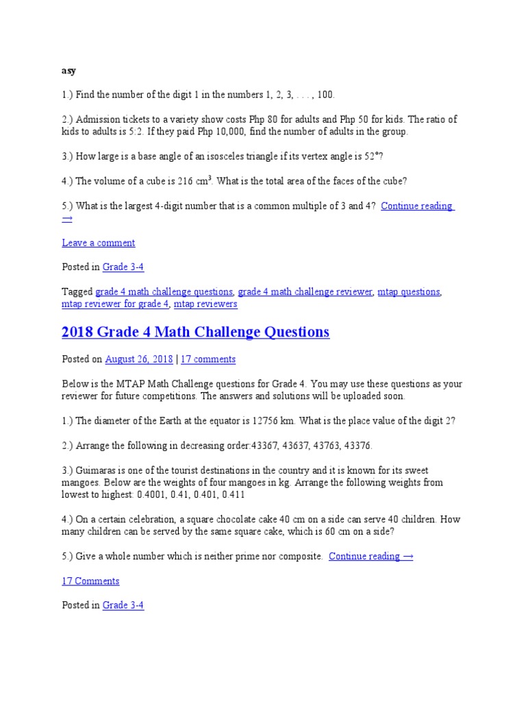 2018 Grade 4 Math Challenge Questions | PDF | Area | Numbers