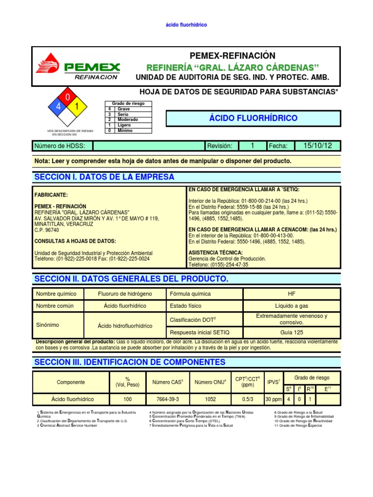 Acido Fluorhídrico ACTUALIZADO | PDF | Hidrógeno | Administración de Seguridad y Salud Ocupacional
