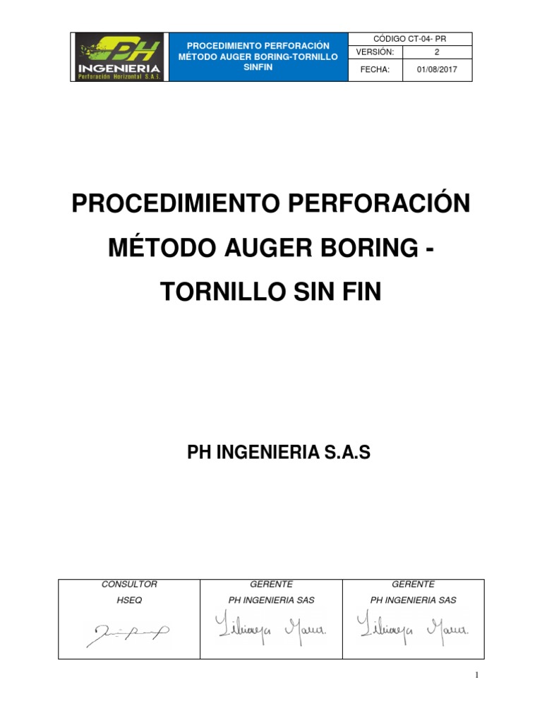 CT-04-PR Procedimiento Perforacion Metodo Auger Boring - Tornillo Sin ...