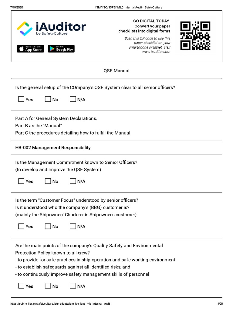 ISM - ISO - ISPS - MLC Internal Audit - SafetyCulture | PDF | Water Transport | Transport