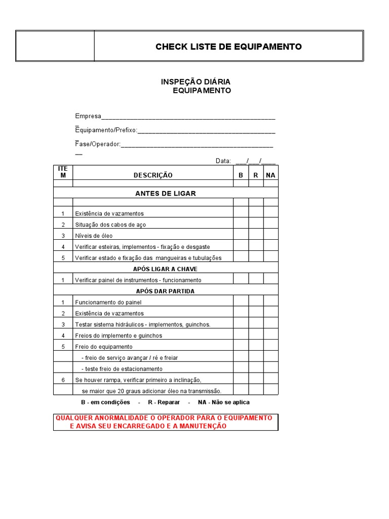 Checklist EQUIPAMENTO | PDF