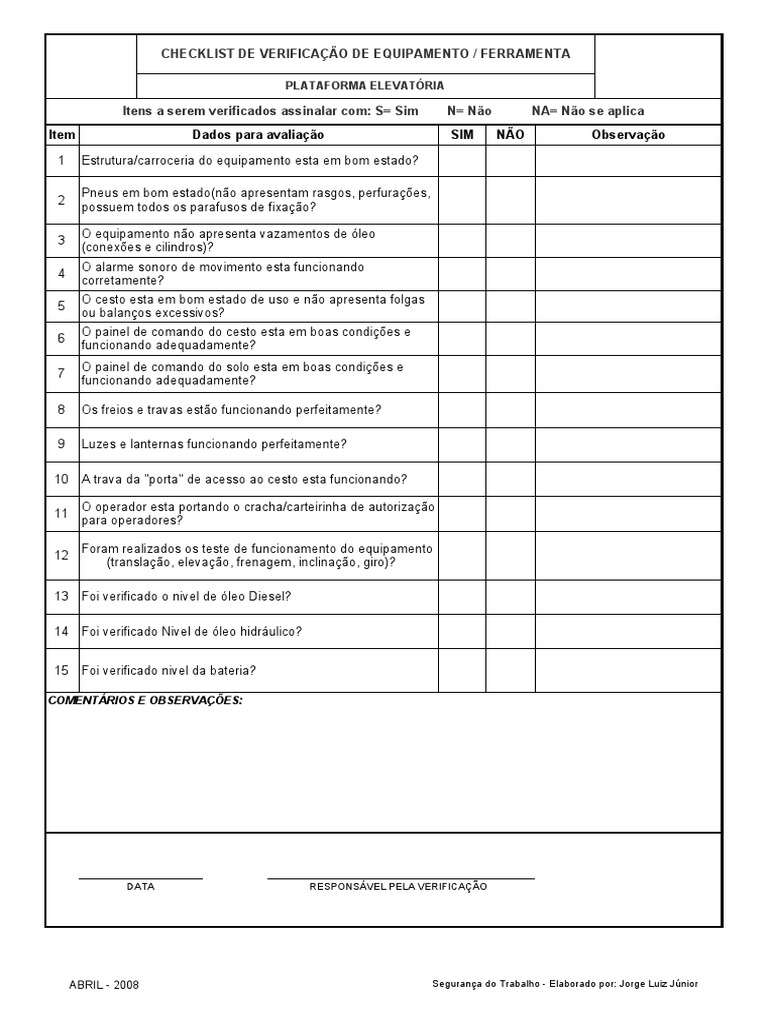 Checklist DE VERIFICAÇÃO DE EQUIPAMENTO - FERRAMENTA | PDF
