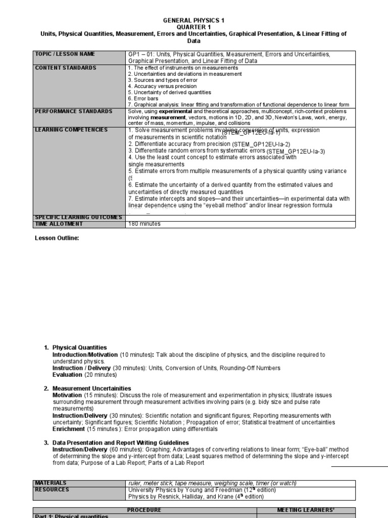 General Physics 1 Lesson Plan | PDF | Errors And Residuals | Standard ...