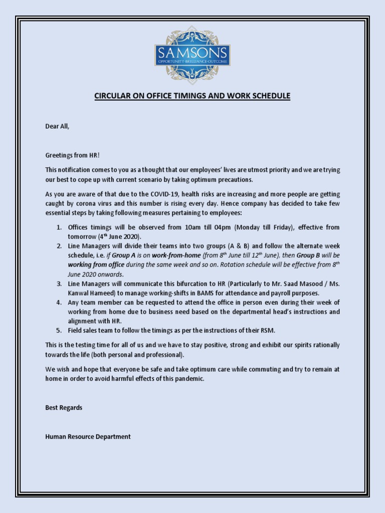 Circular On Office Timings and Work Schedule | PDF