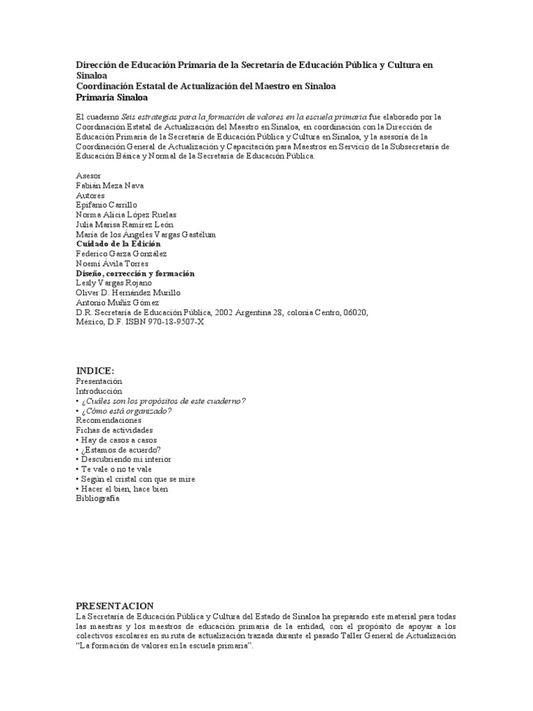 Estrategias para Promover Valores en Primaria | PDF | Educación ...