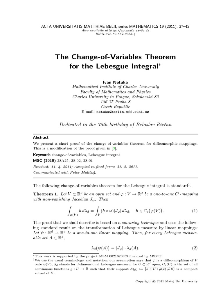 The Change-of-Variables Theorem For The Lebesgue Integral: Dedicated To The 75th Birthday of ...