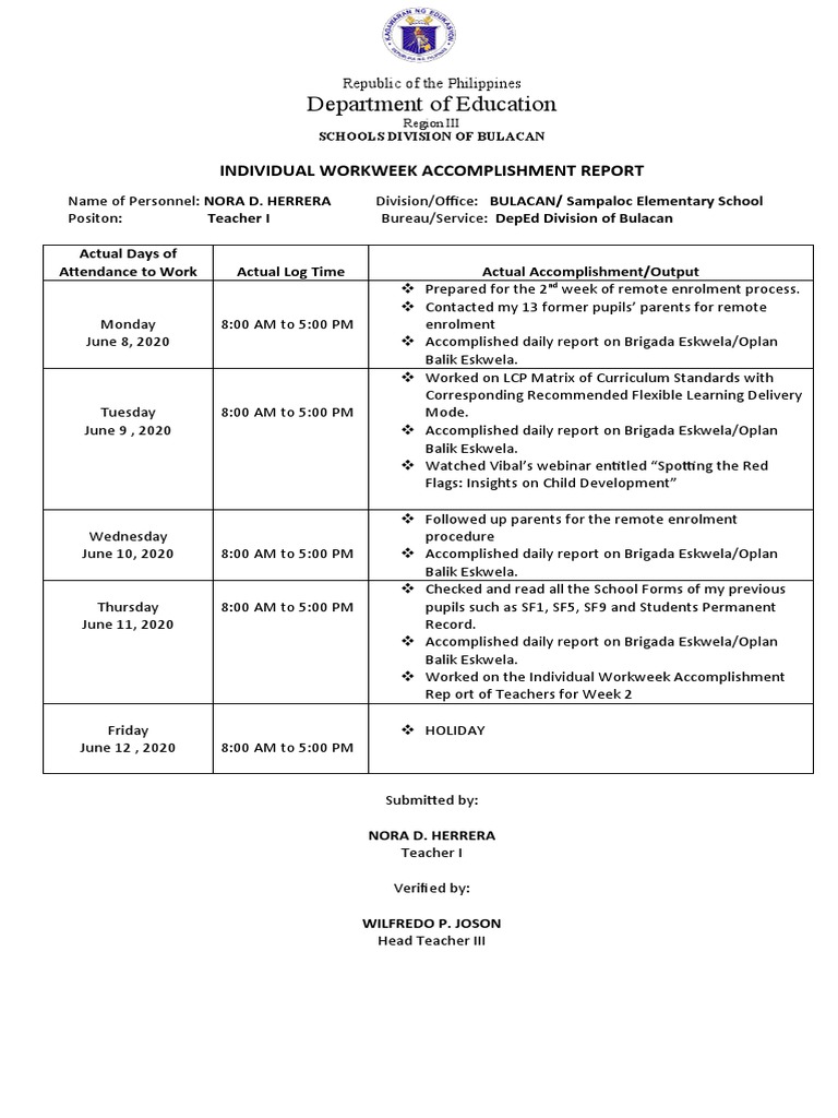 Department of Education: Individual Workweek Accomplishment Report ...