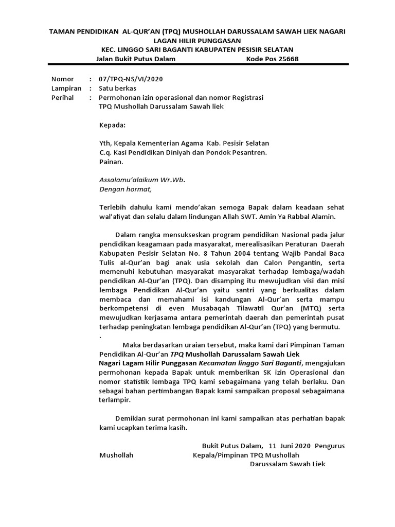 Proposal Izin Operasional TPQ 2020 | PDF
