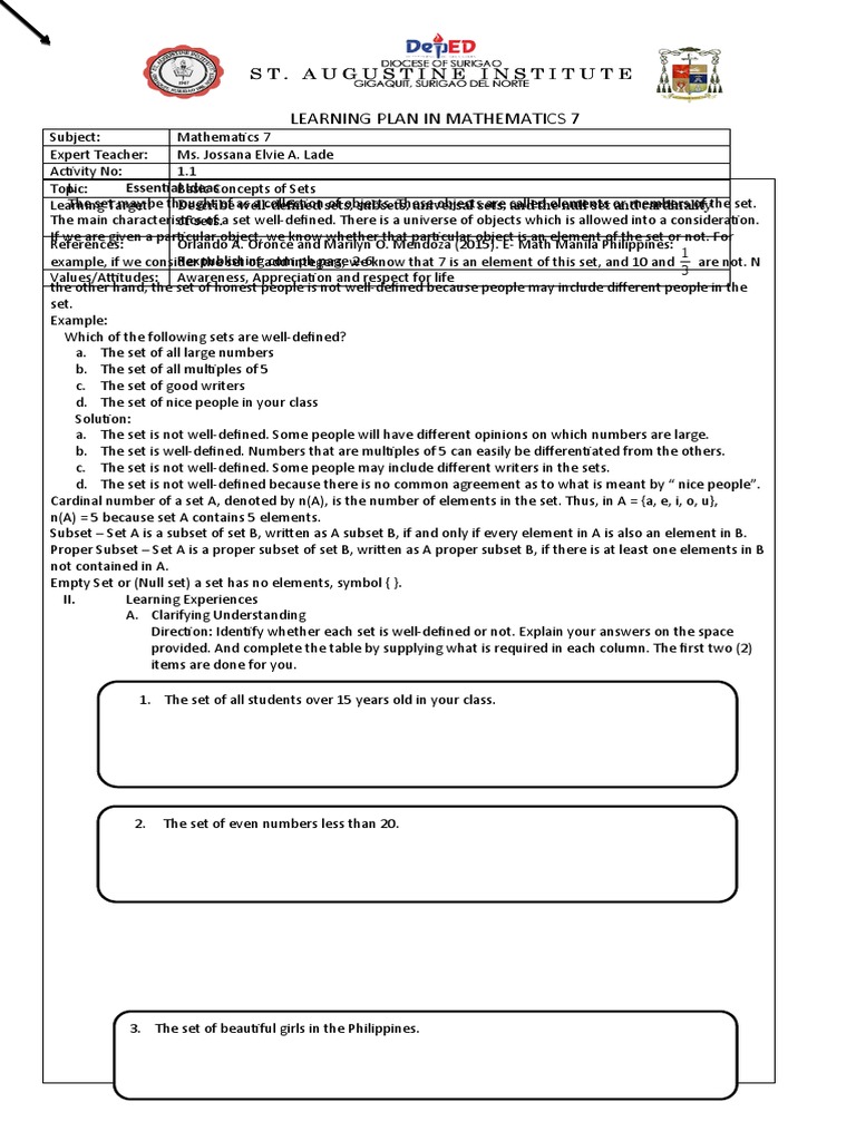 Teachers Learning Plan (Math 7) | PDF | Set (Mathematics) | Litre