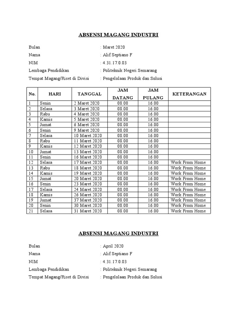 Absensi Magang Industri - Alif Septiano | PDF