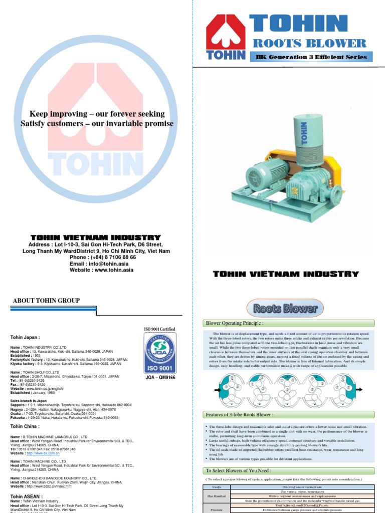 Tohin Roots Blower Catalog Overview | PDF | Bearing (Mechanical) | Ho ...