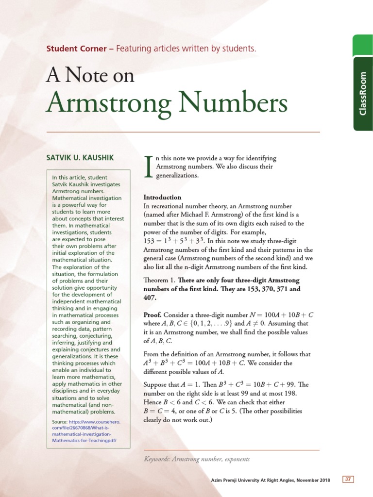 A Note On: Armstrong Numbers | PDF | Numbers | Mathematical Proof