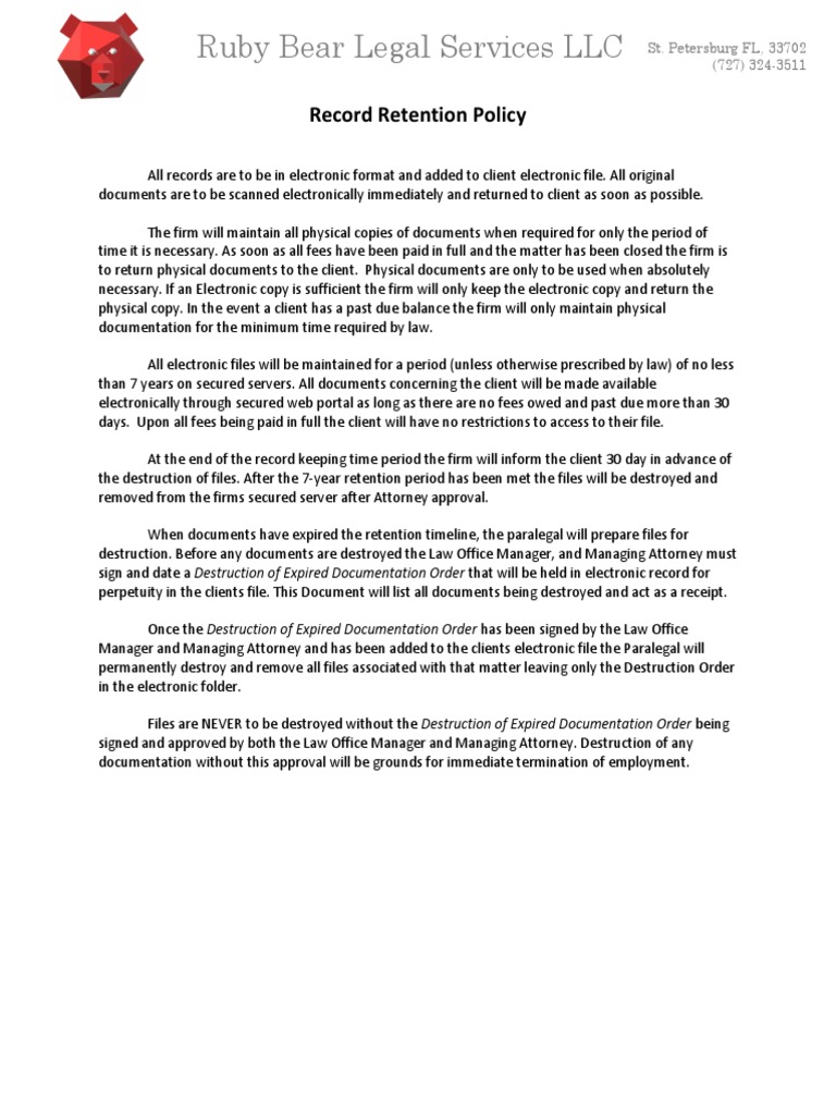 Record Retention Policy | PDF | Law Firm | Computer File