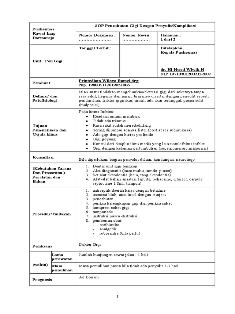 SOP Pencabutan Gigi Komplikasi | PDF