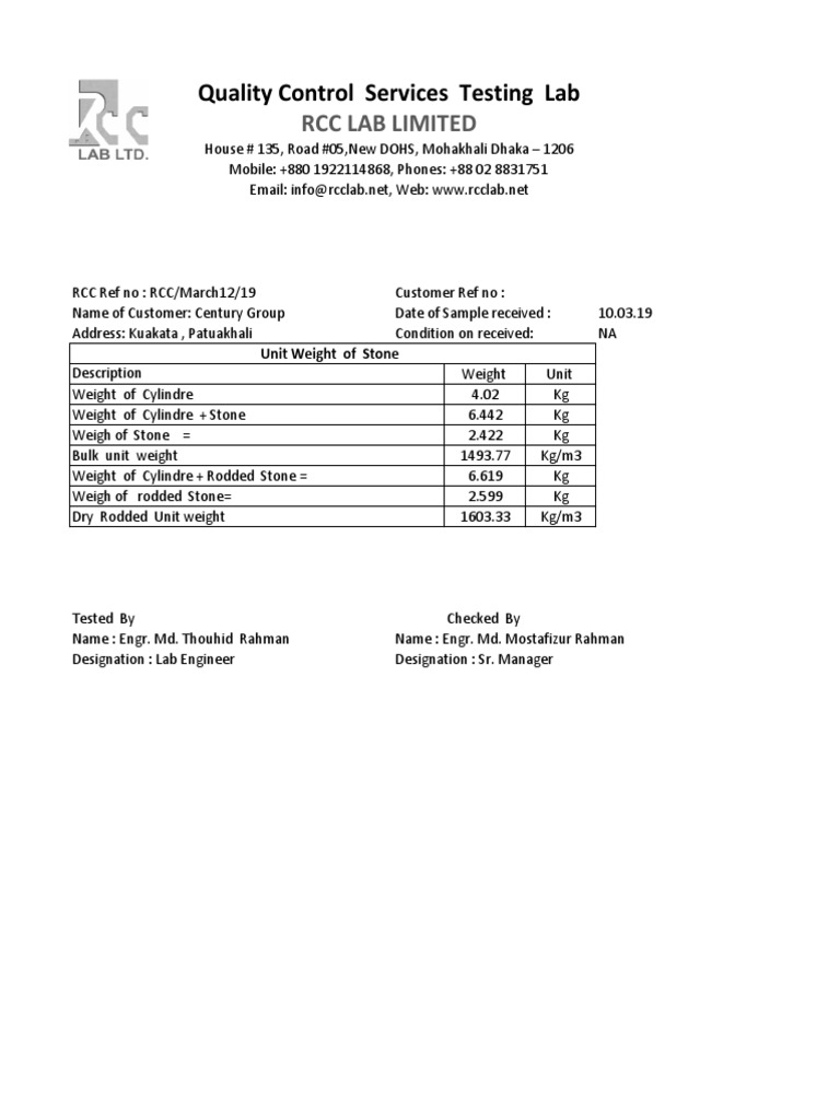 Unit Weight of Stone | PDF