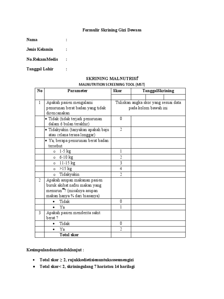 Formulir Skrining Gizi Dewasa | PDF