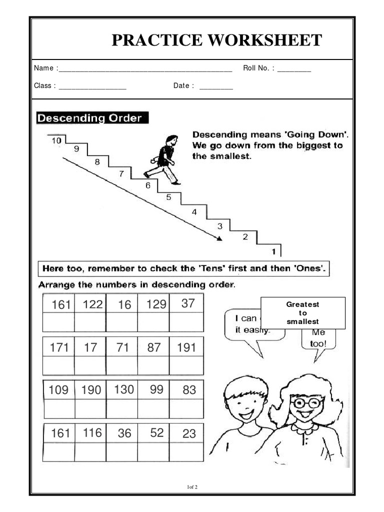 Practice Worksheet - Greatest to Smallest, Descending Order, Math ...