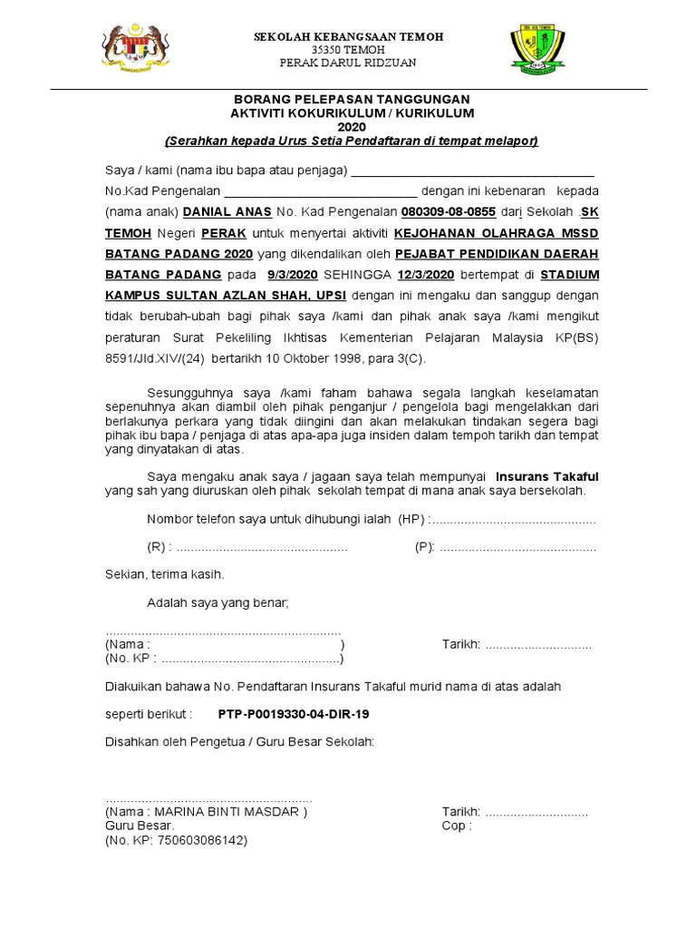 Borang Kebenaran Kesihatan SK Temoh MSSD Olahraga Anas | PDF