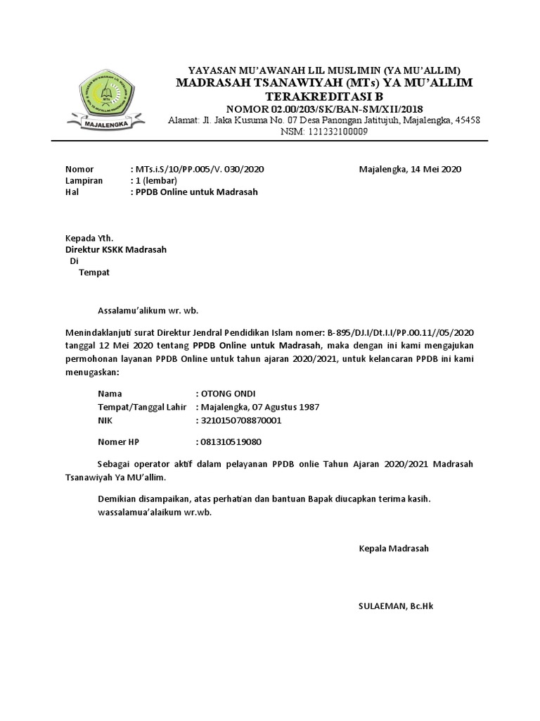 Surat Permohonan PPDB Online Tahun Ajaran 2020-2021 | PDF