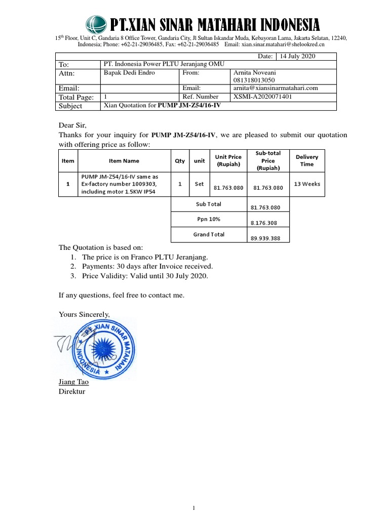 Quotation For PUMP JMZ5416IV | PDF | Business