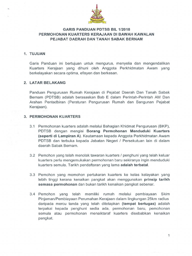 Garis Panduan PDTSB Bil.01 2018 - Permohonan Kuarters Kerajaan PDF | PDF