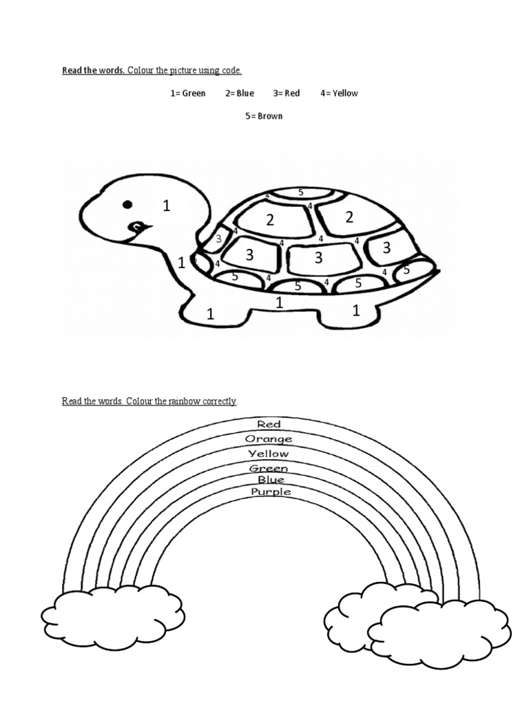 Read The Words. Colour The Picture Using Code. 1 Green 2 Blue 3 Red 4 ...