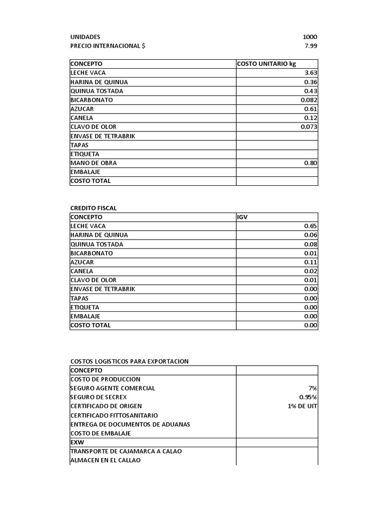Libro1 COSTOS DE EXPORTACION | PDF | Business | Alimentos