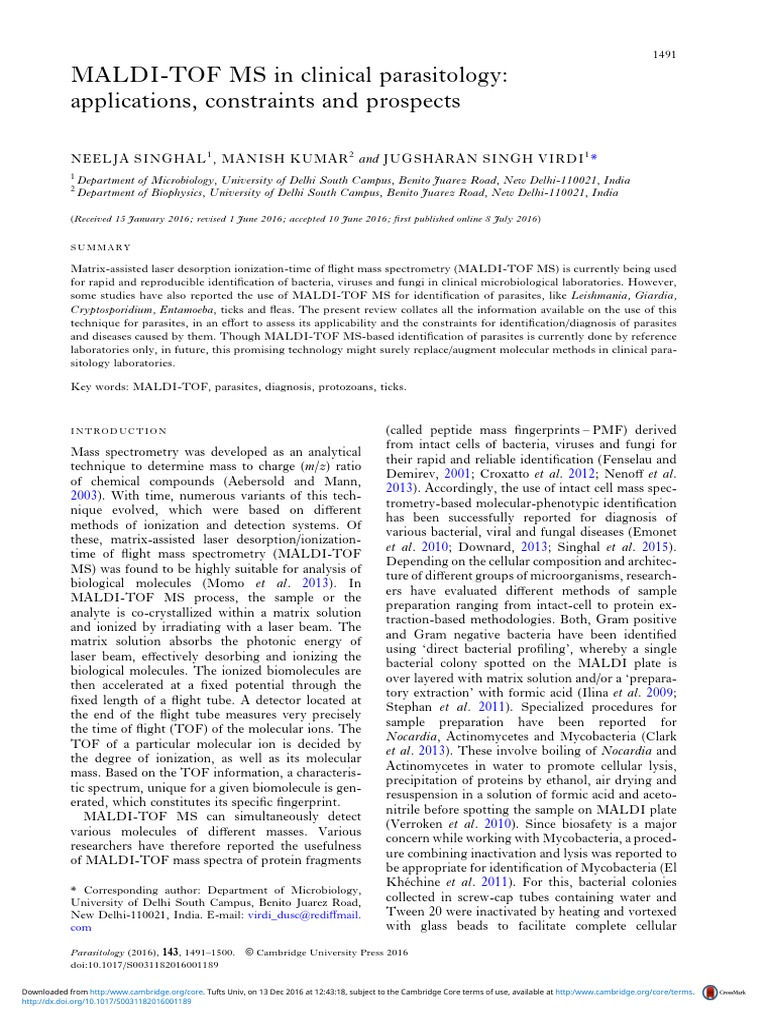 Maldi-Tof For Parasitology | PDF | Time Of Flight Mass Spectrometry ...