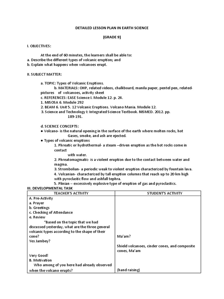 Detailed Lesson Plan in Earth Scienc1 | PDF | Types Of Volcanic Eruptions | Volcano
